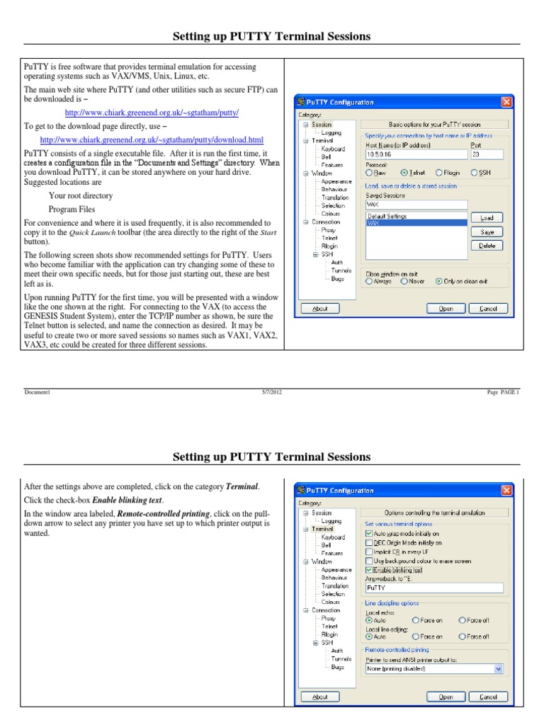 Setting Up PUTTY Terminal Sessions: Document1 5/7/2012 Page PAGE 1 | PDF | Operating System ...