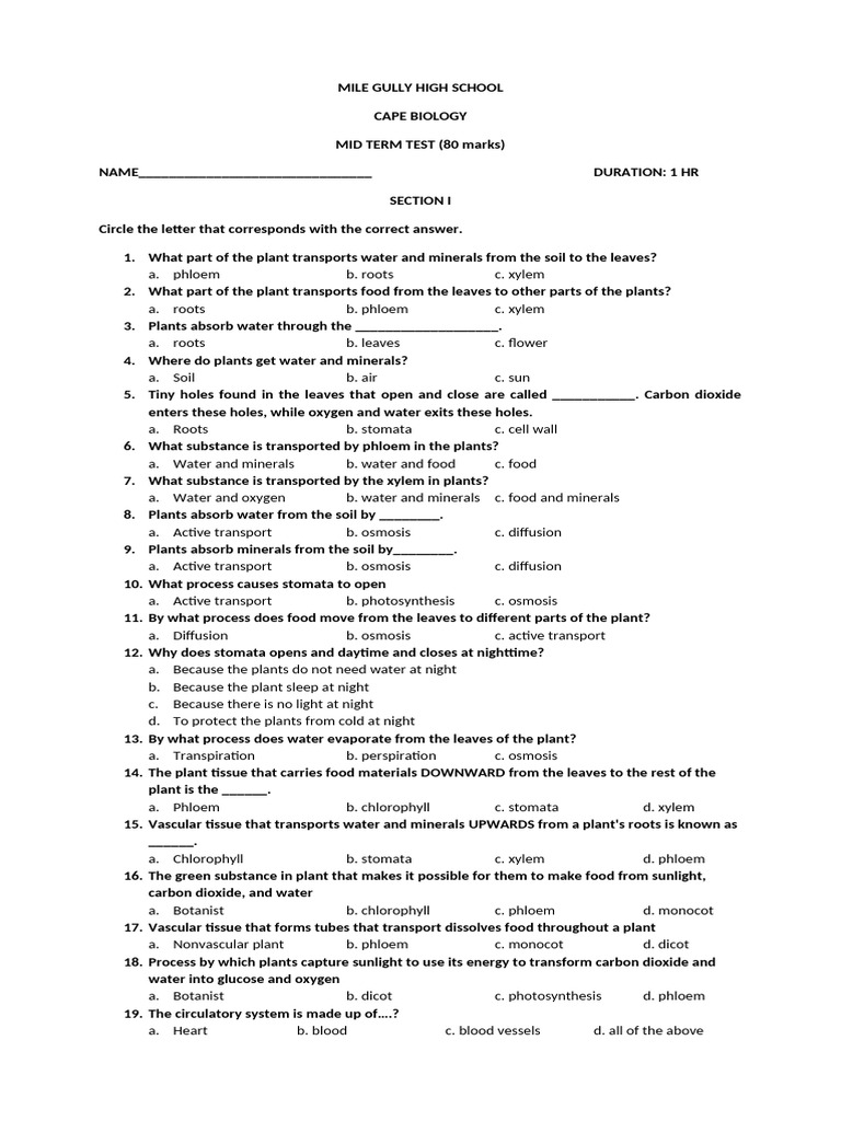 CAPE Biology Easter Term Test (Plant Nutrition, Circulatory System and ...