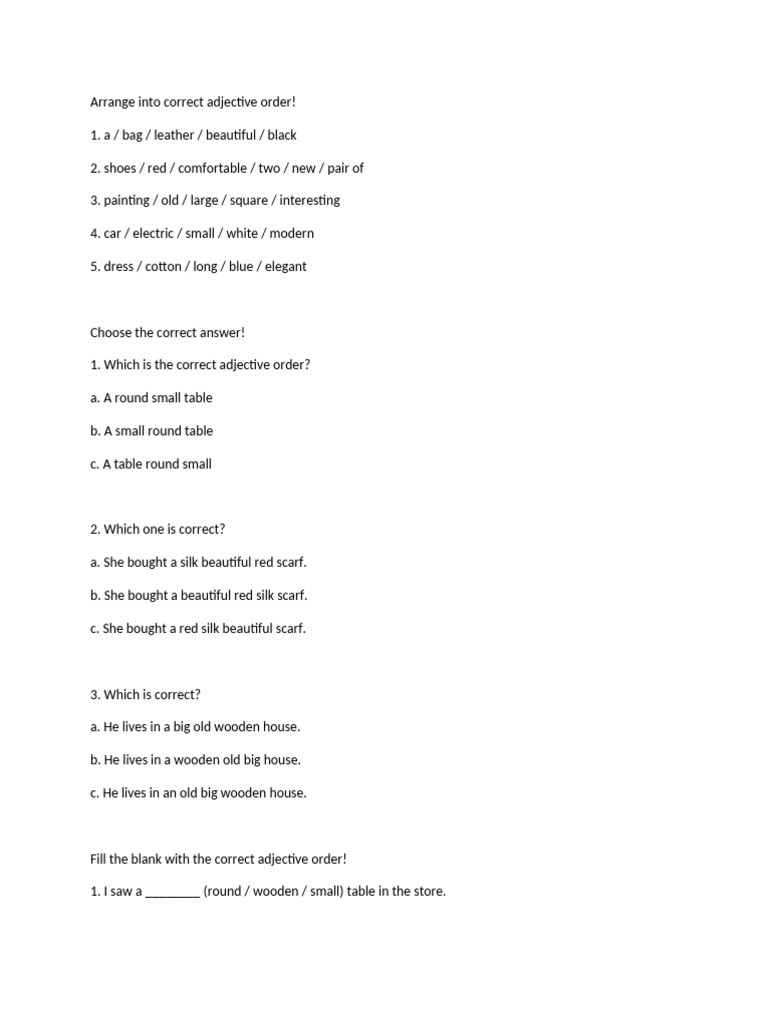 Correct Adjective Order Exercises | PDF