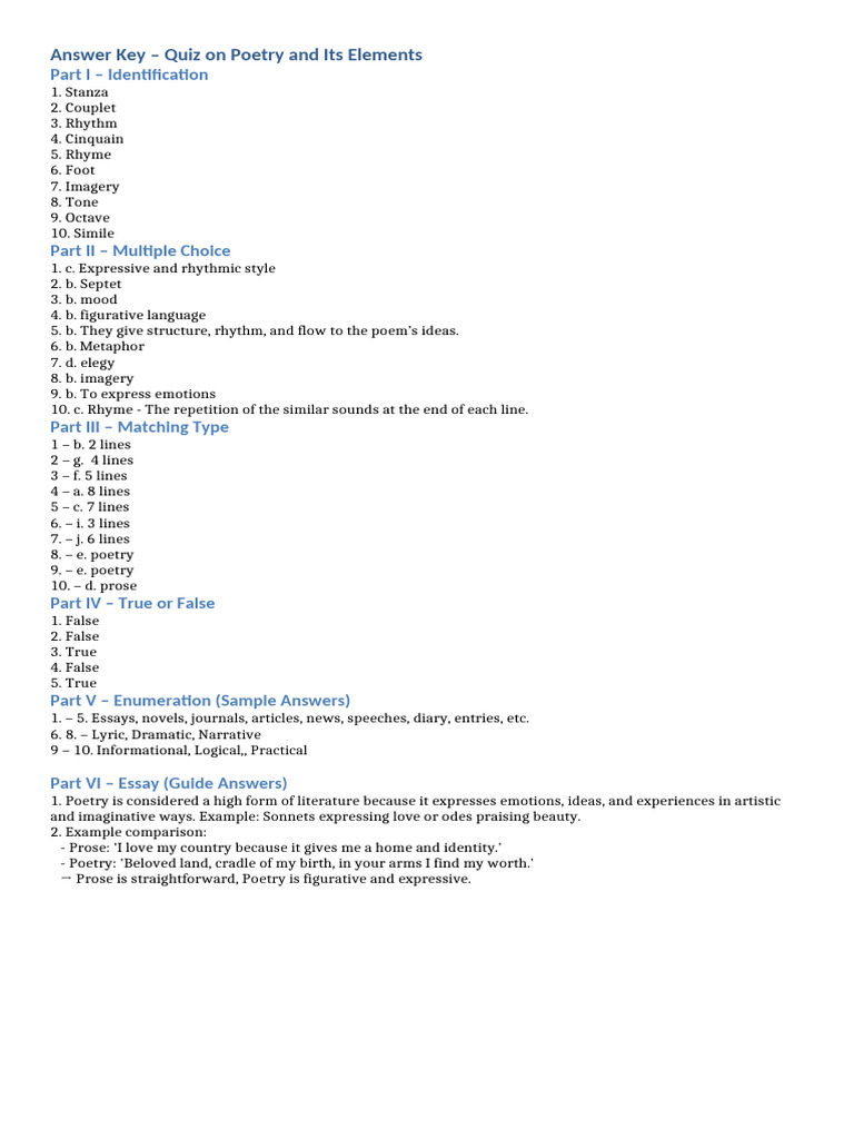 Poetry Quiz Answer Key | PDF