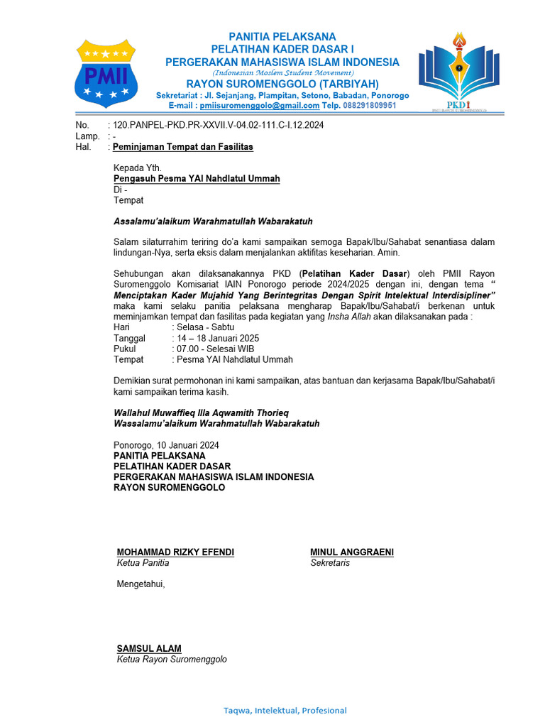 Permohonan Peminjaman Fasilitas PKD PMII | PDF