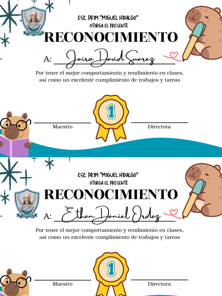 Certificado Fin de Curso Escolar de Capibara Llamativo Blanco y Café | PDF