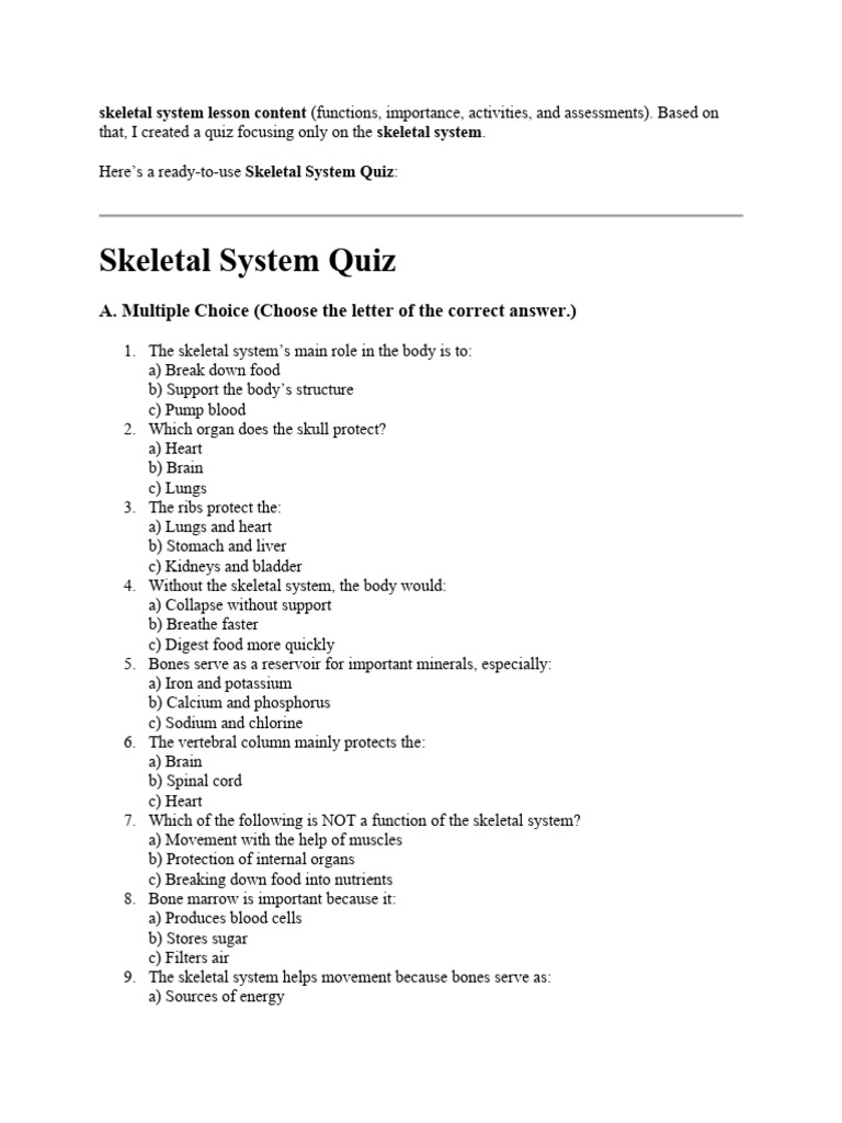 Skeletal System Lesson Content | PDF | Skeleton | Bone