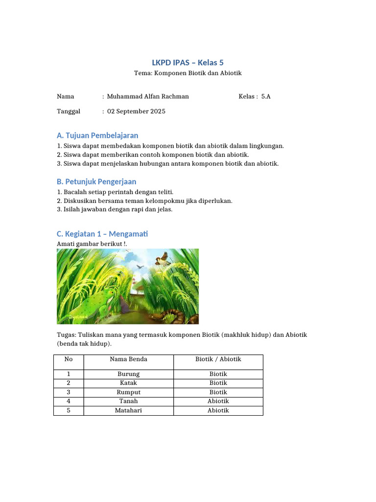 Komponen Biotik dan Abiotik Kelas 5 | PDF