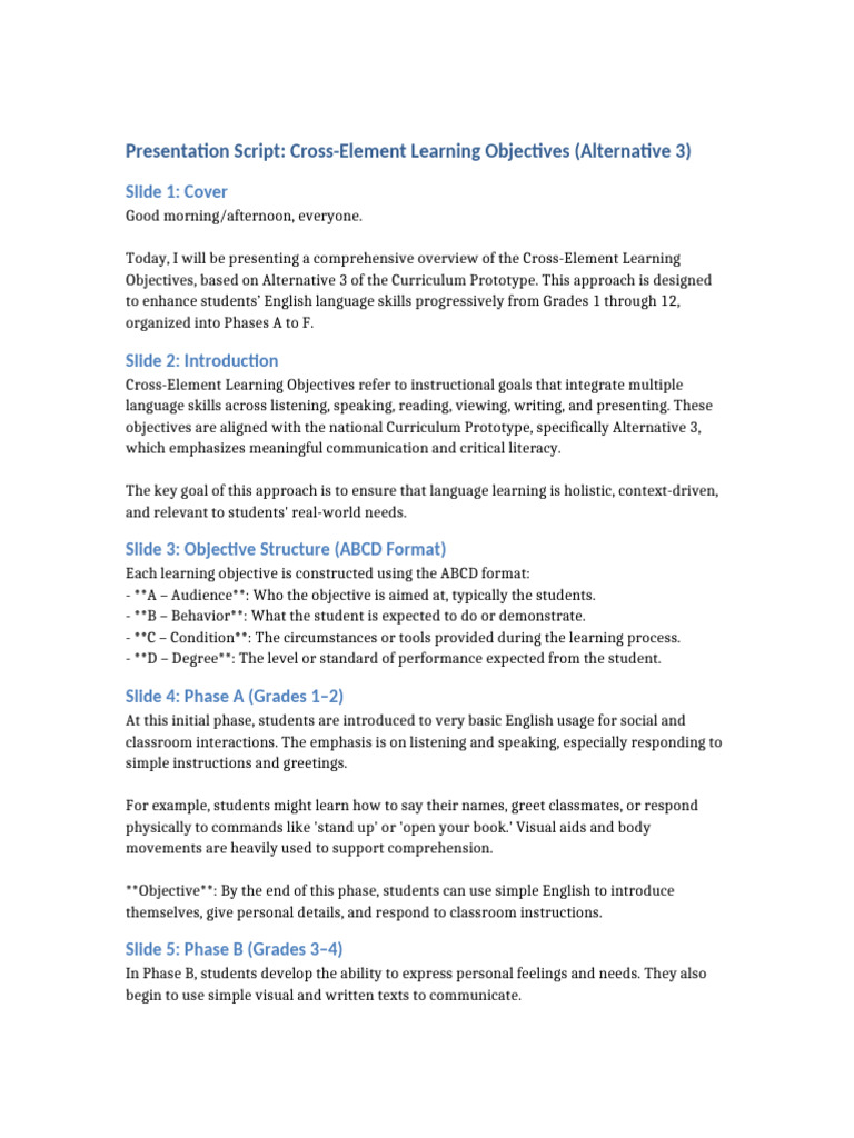 Cross-Element Learning Objectives Overview | PDF | Critical Thinking ...
