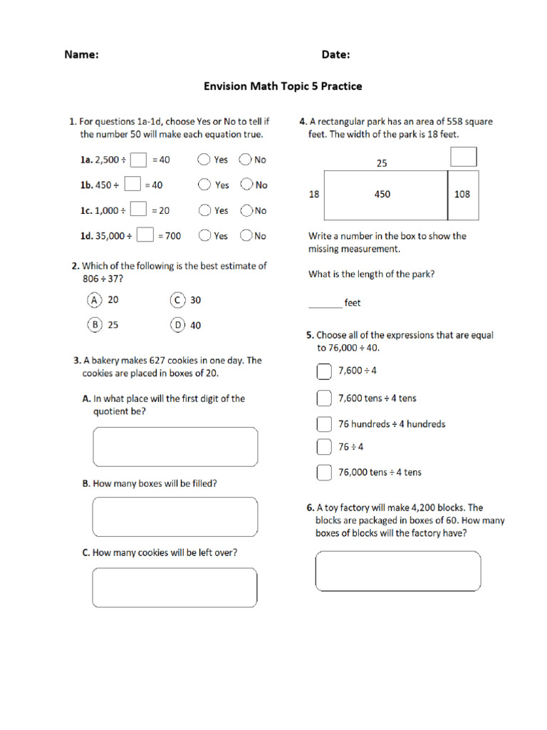 Name: Date: Envision Math Topic 5 Practice | PDF