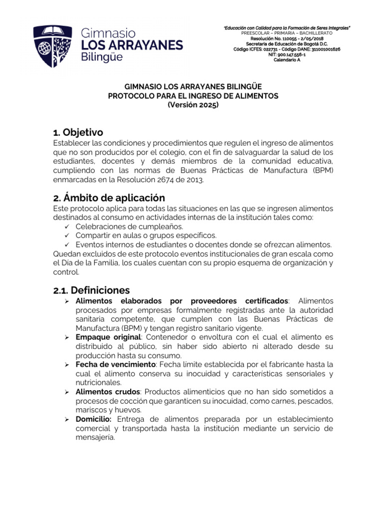 Protocolo para El Ingreso de Alimentos 2025 | PDF | Alimentos | Alergia