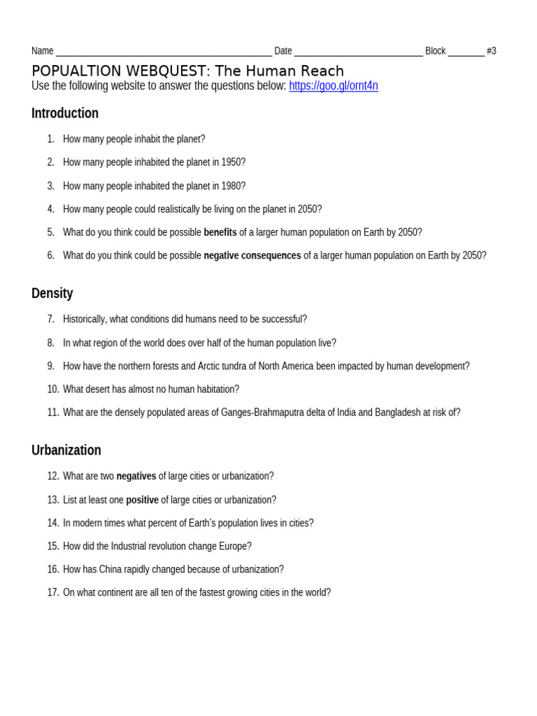 Human Population Webquest Answers | PDF | Urbanization | Natural ...