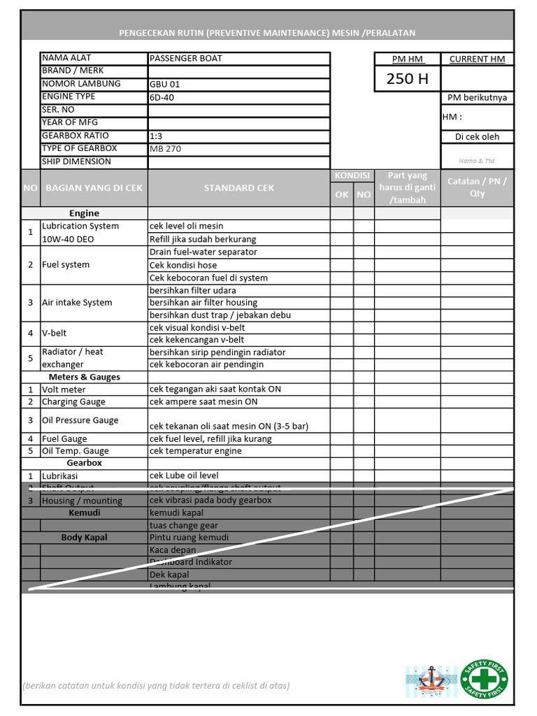 PM Checklist 250h Passanger Boat | PDF