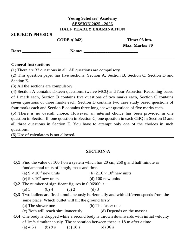 Xi Physics Half Yearly Exam Sample Paper Set II 2023 24 | PDF | Mechanics | Physics
