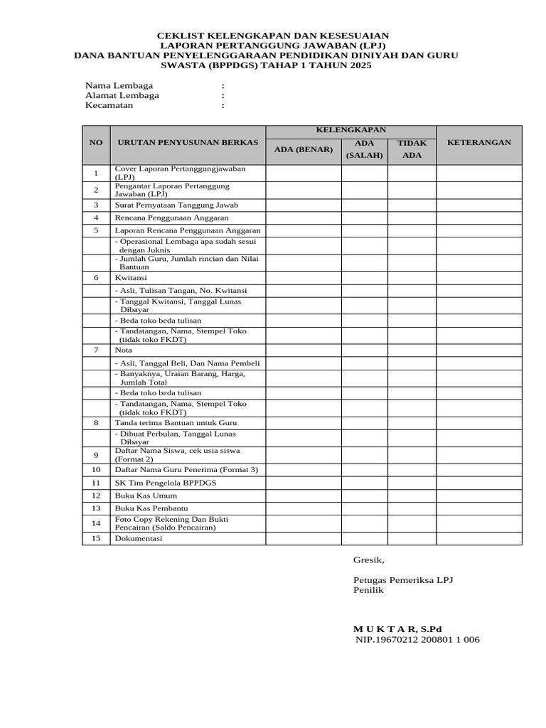 Ceklist LPJ BPPDGS Tahap 1 & 2 2025 | PDF