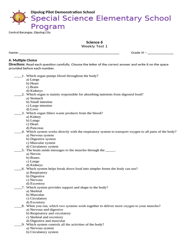 Science 6 Weekly Test: Human Systems | PDF | Human Body | Circulatory ...