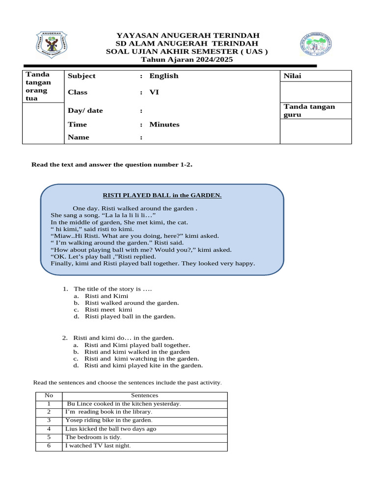 UAS English Exam for Grade 6 SD | PDF