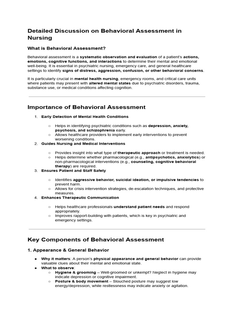 Detailed Discussion On Behavioral Assessment in Nursing | PDF | Mental ...