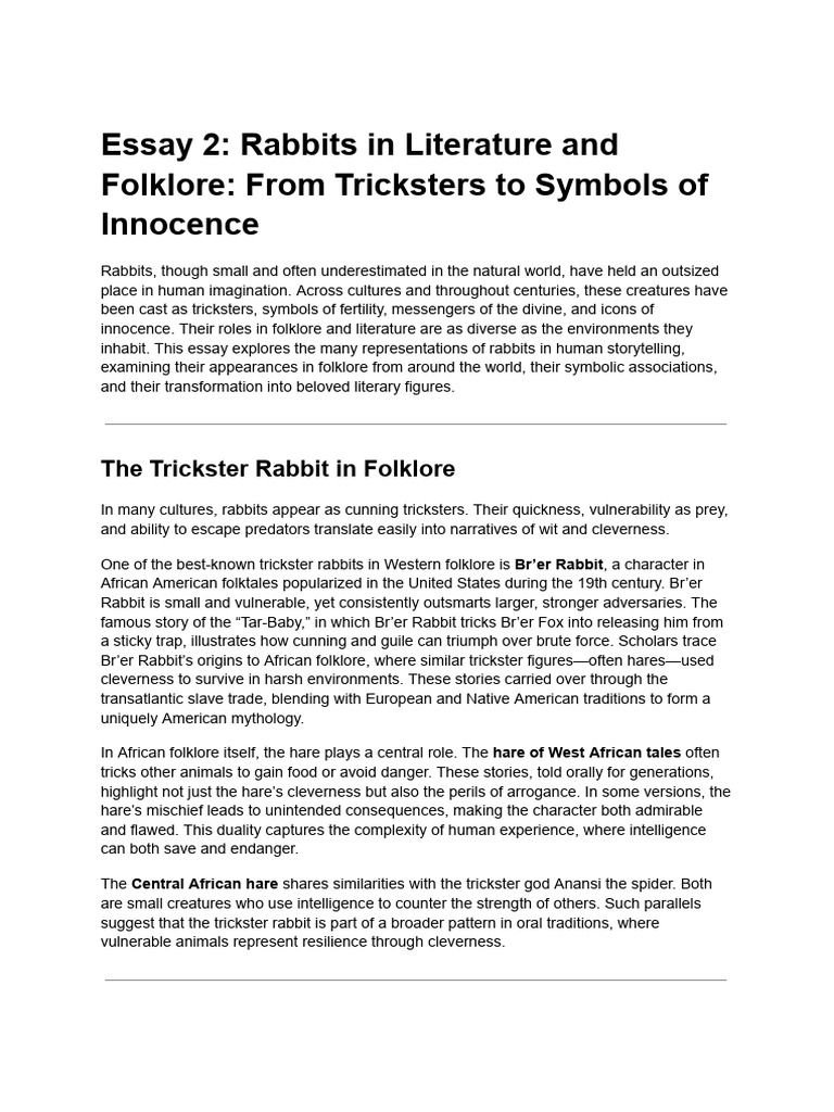 Essay 2 - Rabbits in Literature and Folklore - From Tricksters To ...