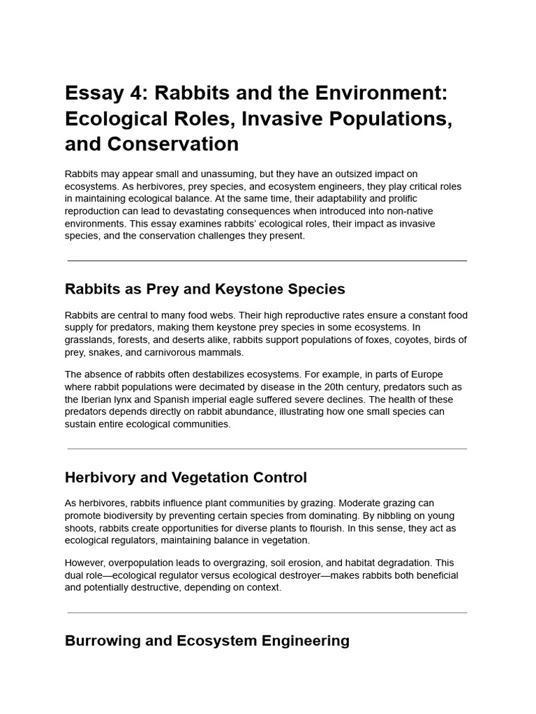 Essay 4 - Rabbits and The Environment - Ecological Roles, Invasive ...