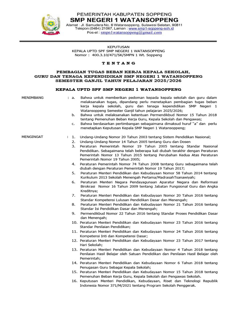 SK Pembagian Tugas Ganjil 2025 2026 | PDF