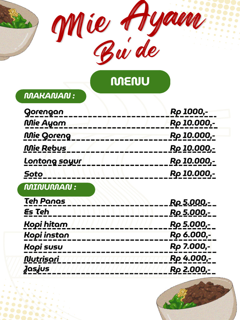 Putih & Merah Minimalis Promosi Makanan Daftar Menu Mie Ayam Dokumen A4 ...