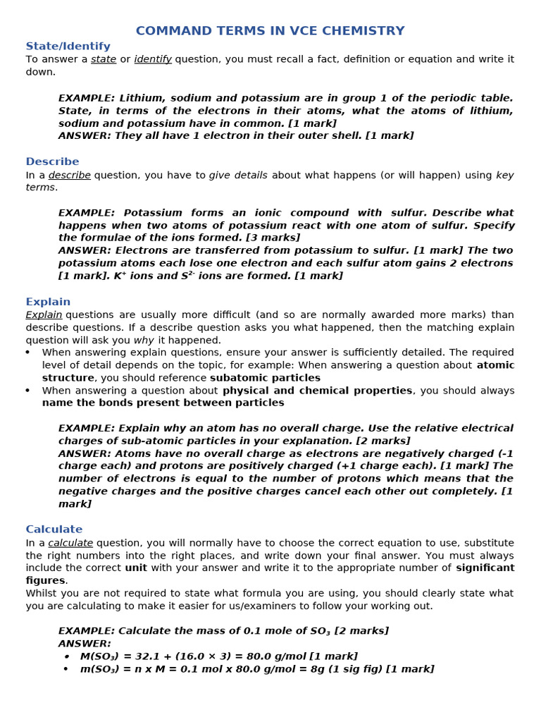 VCE Chemistry Command Terms | PDF | Atoms | Diesel Fuel
