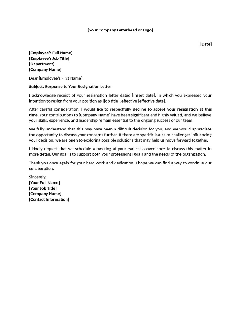 Rejection of Resignation Letter Template | PDF