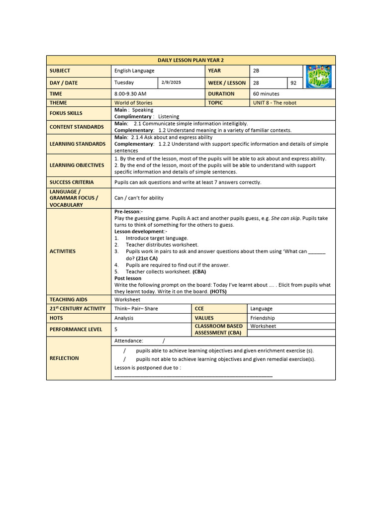 Daily Lesson Plan Year 2b | PDF | Lesson Plan | Teachers