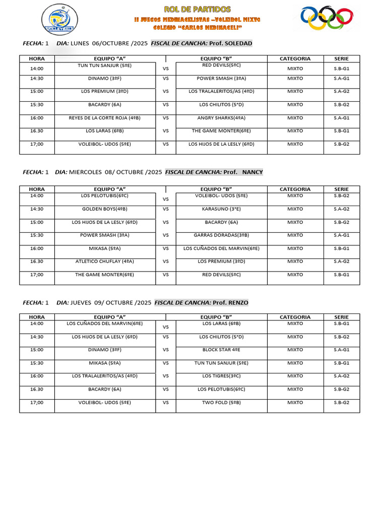 Rol de Partidos L, M, J, V 6,8,9,10 Semis y Finales | PDF