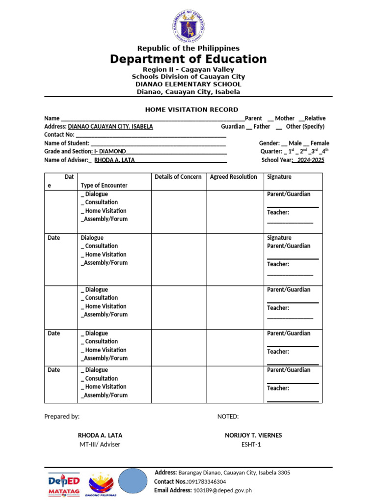 Home Visitation Form - 2024-25 Ral | PDF | Social Institutions | Adulthood