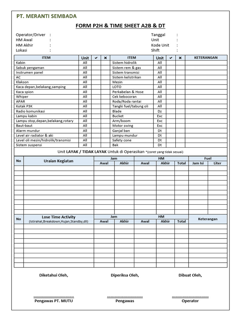 Formulir P2H dan Time Sheet A2B DT | PDF