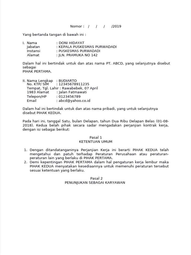 PDF Surat Perjanjian Kerja Waktu Tertentu Percobaan PKWTP Probation | PDF