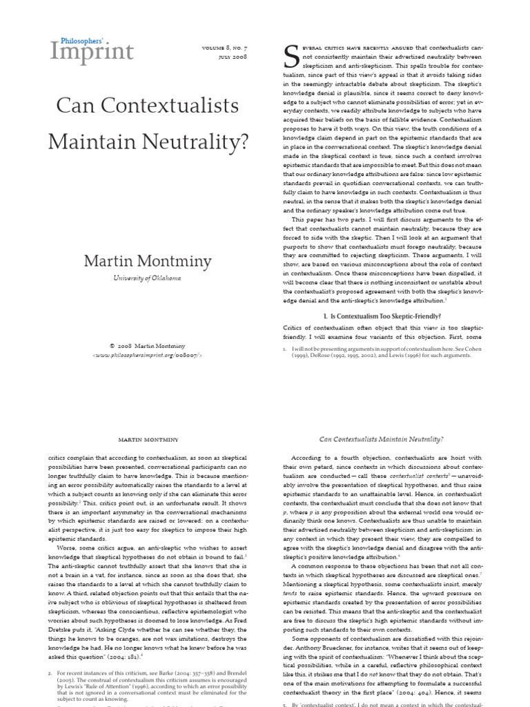 Contextualism and Skepticism: A Neutrality Debate | PDF | Epistemology ...