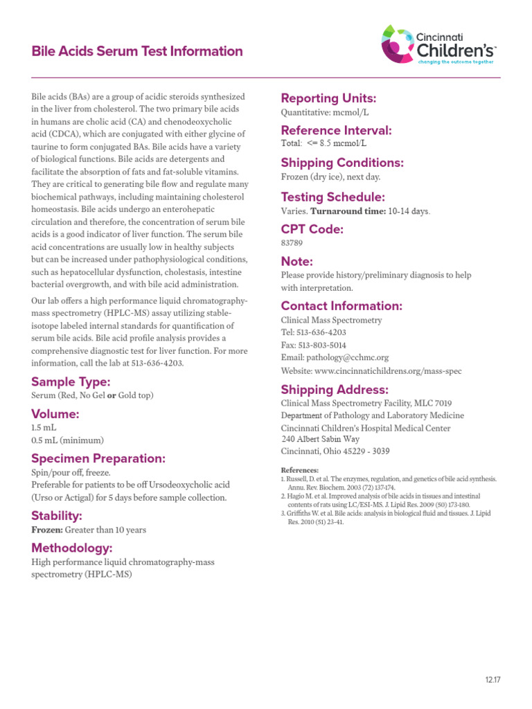 Bile Acids Serum Info Sheet FINAL | PDF | Gastroenterology | Biochemistry
