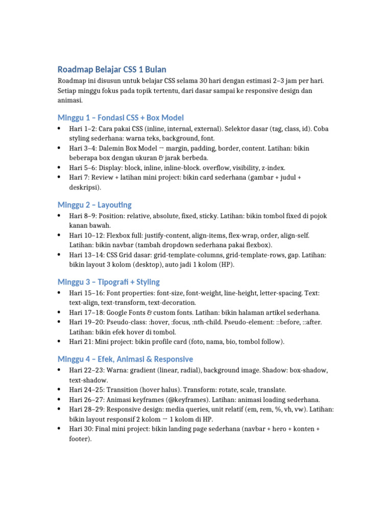Roadmap Belajar CSS 1 Bulan | PDF