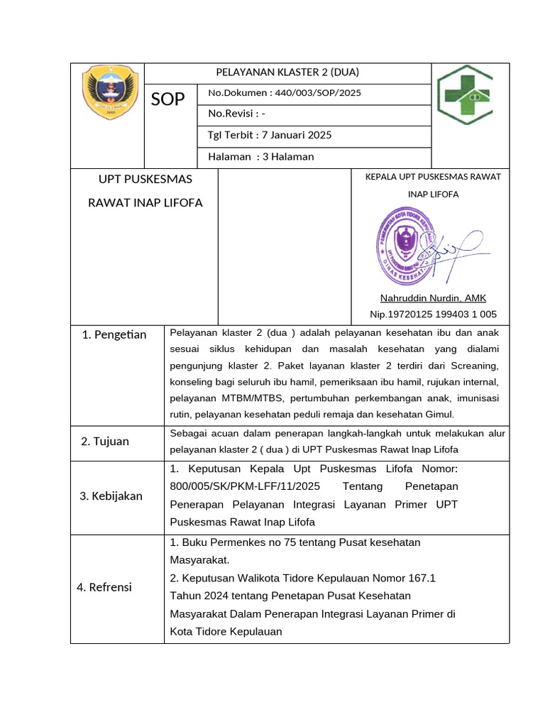 SOP Pelayanan Klaster 2 Puskesmas Lifofa | PDF
