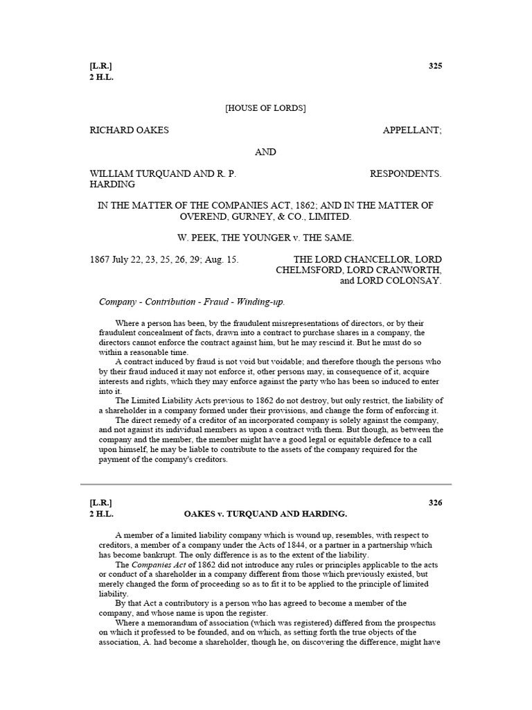 Oakes v. Turquand: Company Liability Case | PDF | Liquidation ...