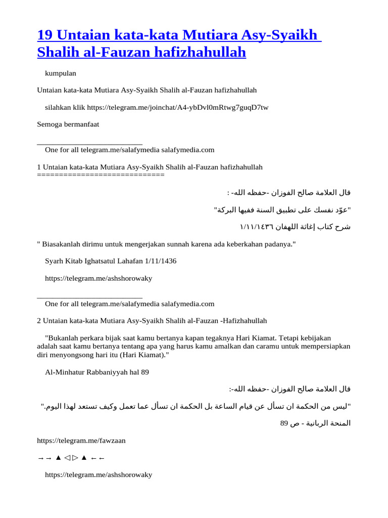 19 Untaian Kata Mutiara Syaikh Sholeh Fauzan | PDF