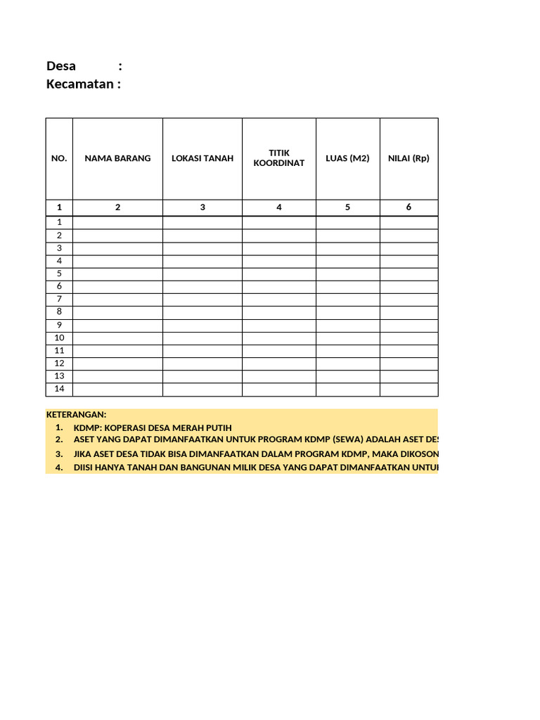 Form Aset Desa KDMP | PDF