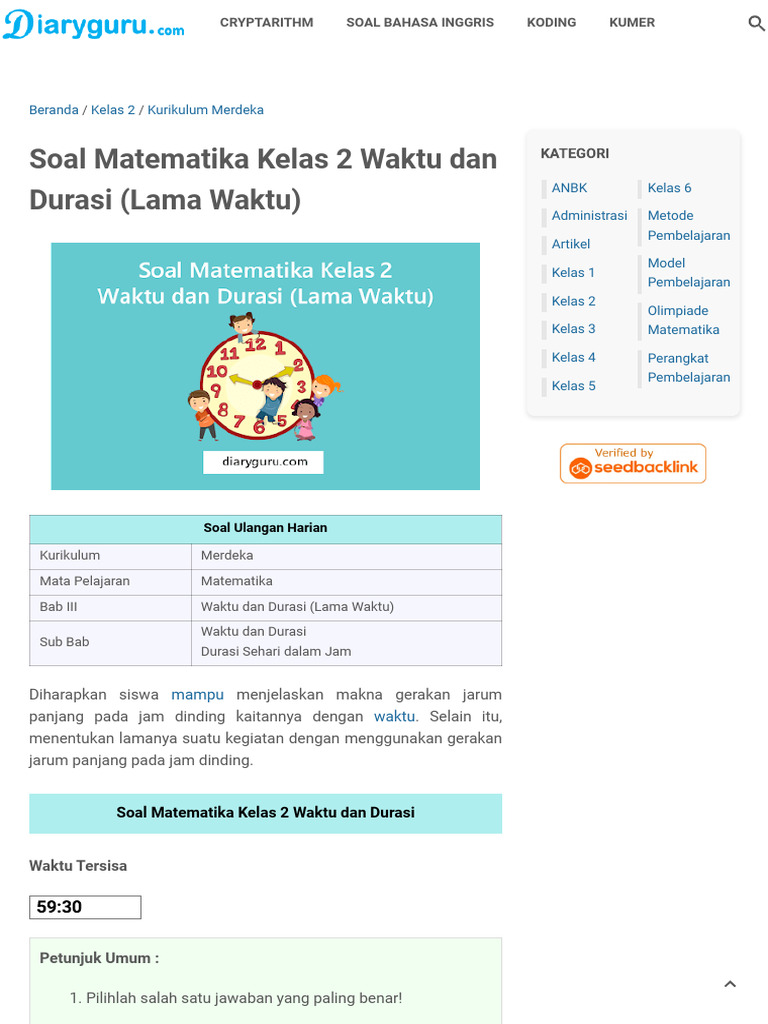 Soal+Matematika+Kelas+2+Waktu+dan+Durasi+ (Lama+Waktu) +-+Diary+Guru 1759290018832 | PDF