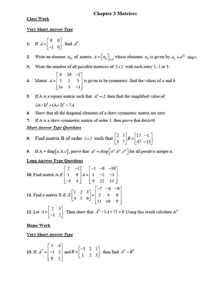 CH 3 Matrices (CW and HW) Updt NW | PDF | Matrix (Mathematics ...