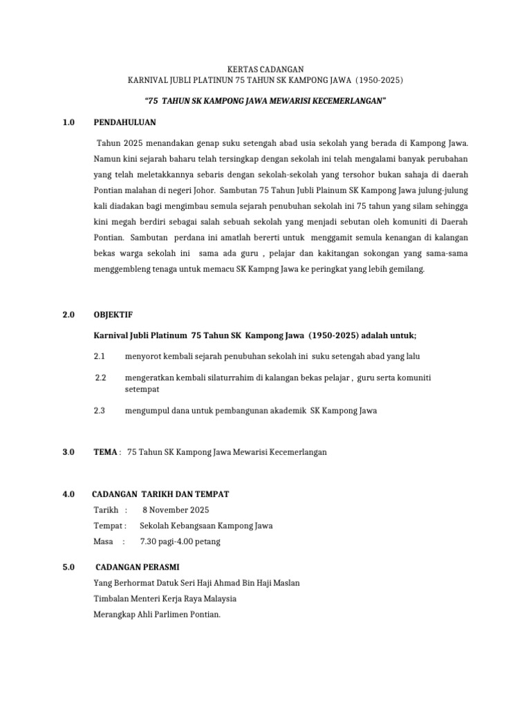 Kertas Cadangan Jubli SKKJ | PDF