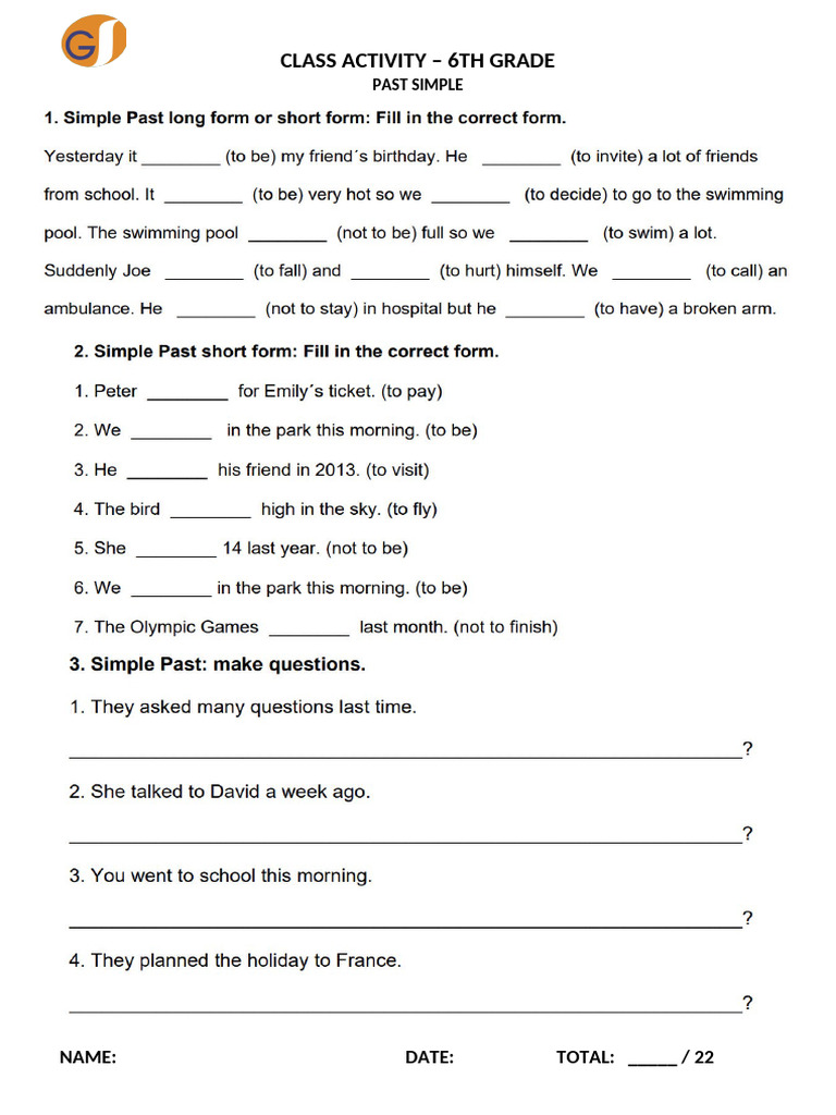 Past Simple Class Activity 6th Grade | PDF
