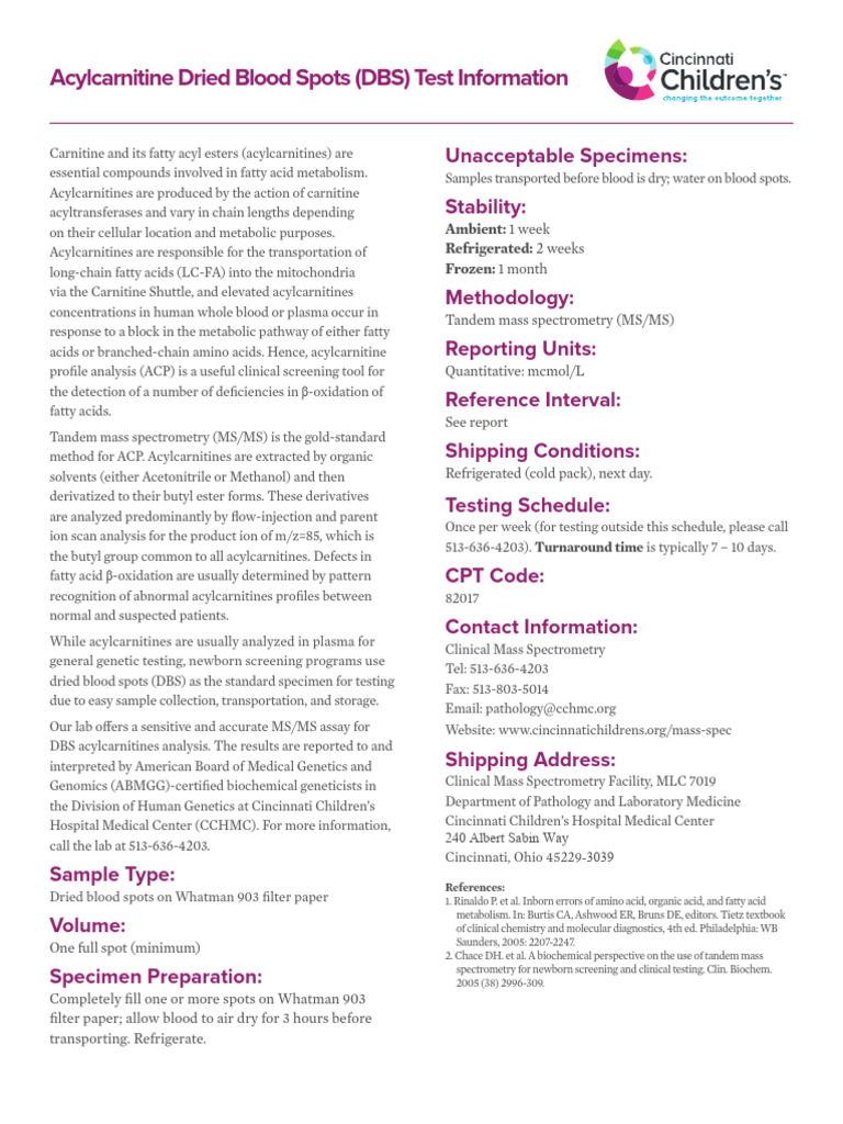 Acylcarnitine DBS Test Overview | PDF | Biochemistry | Chemistry