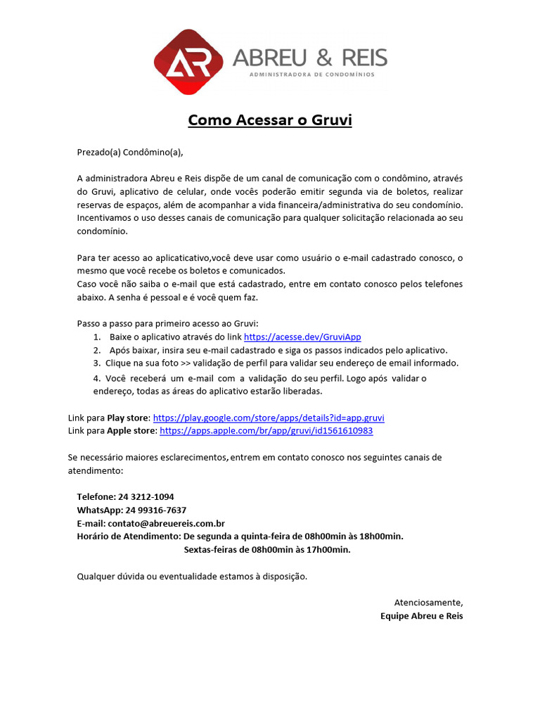 Acesso ao Aplicativo Gruvi para Condôminos | PDF