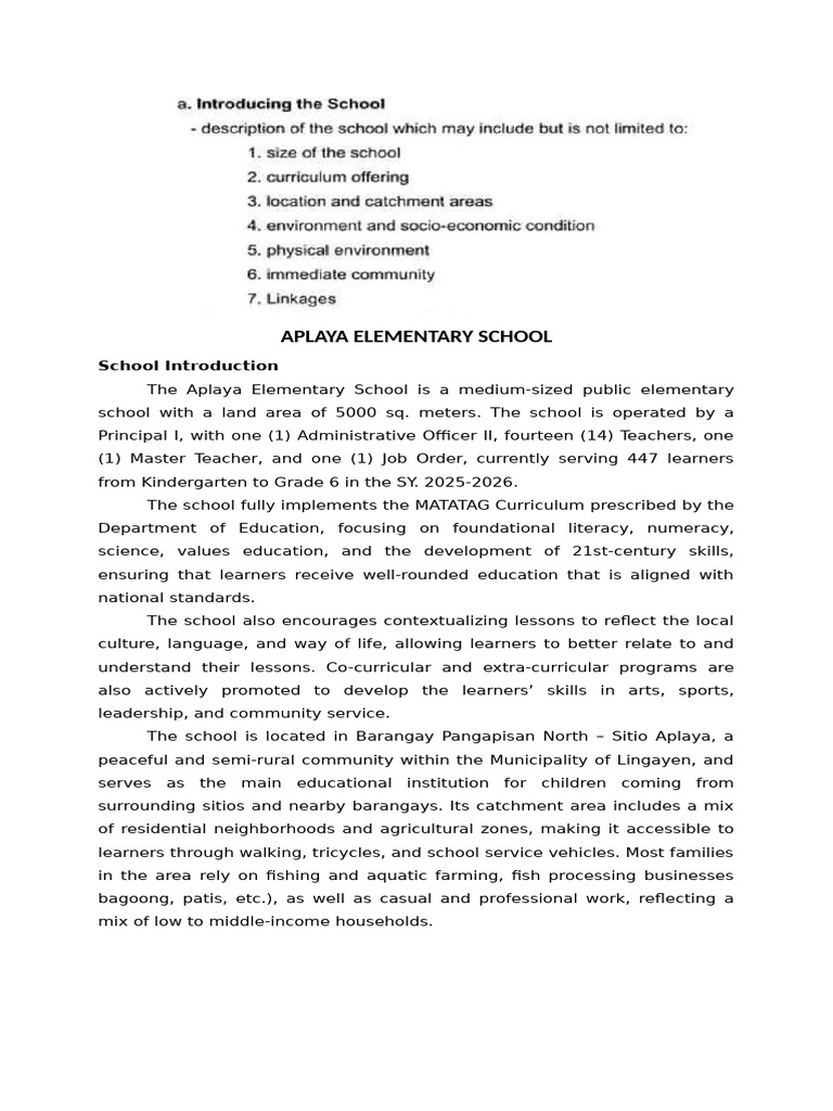 Aplaya Elementary School Overview | PDF | Schools | Learning