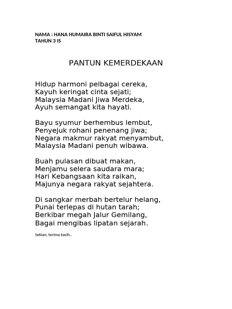 Pantun Kemerdekaan Malaysia Madani | PDF