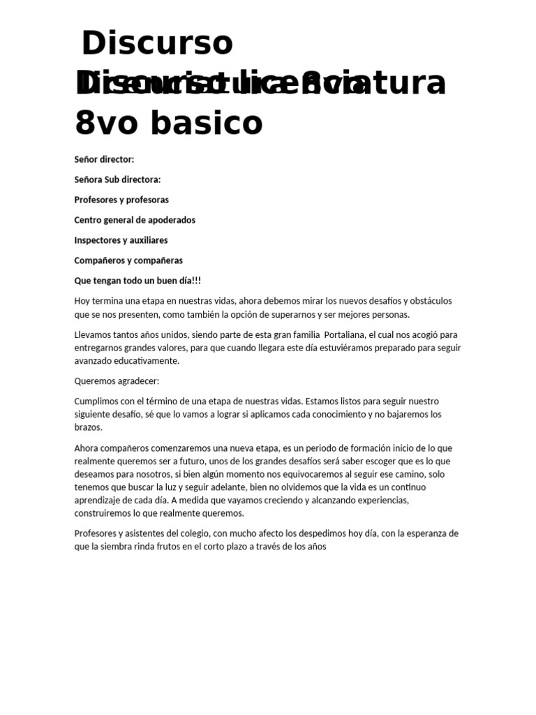 Discurso de Licenciatura 8vo Básico | PDF
