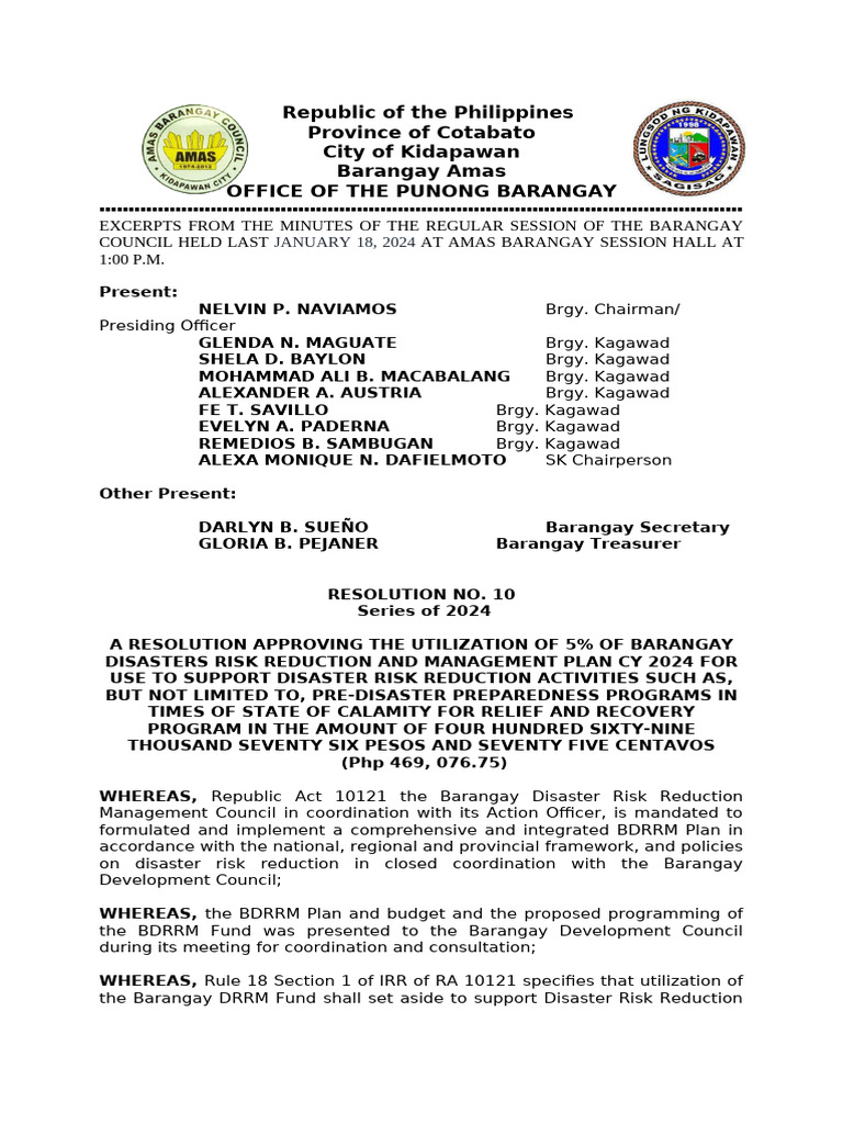 Barangay Amas Disaster Fund Resolution | PDF | Disaster Risk Reduction ...