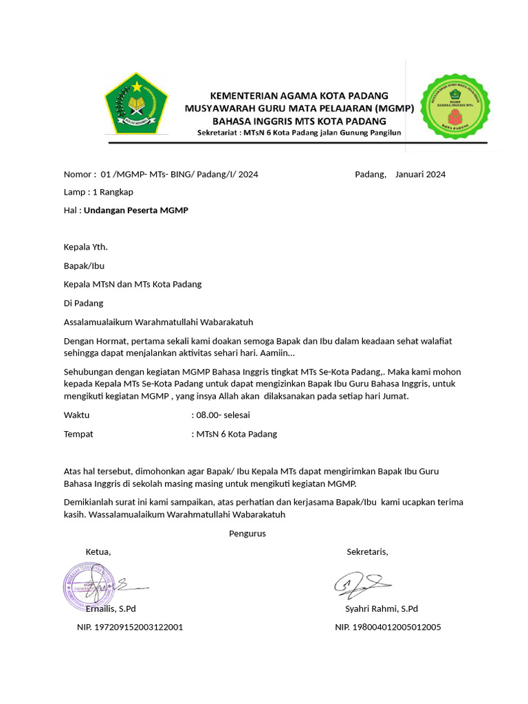 Undangan MGMP Bahasa Inggris MTs Padang | PDF
