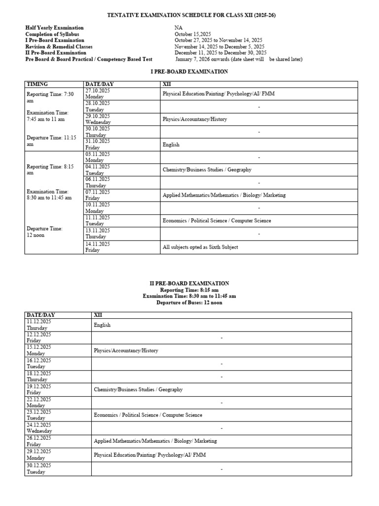Tentative Examination Schedule For Xii | PDF | Science