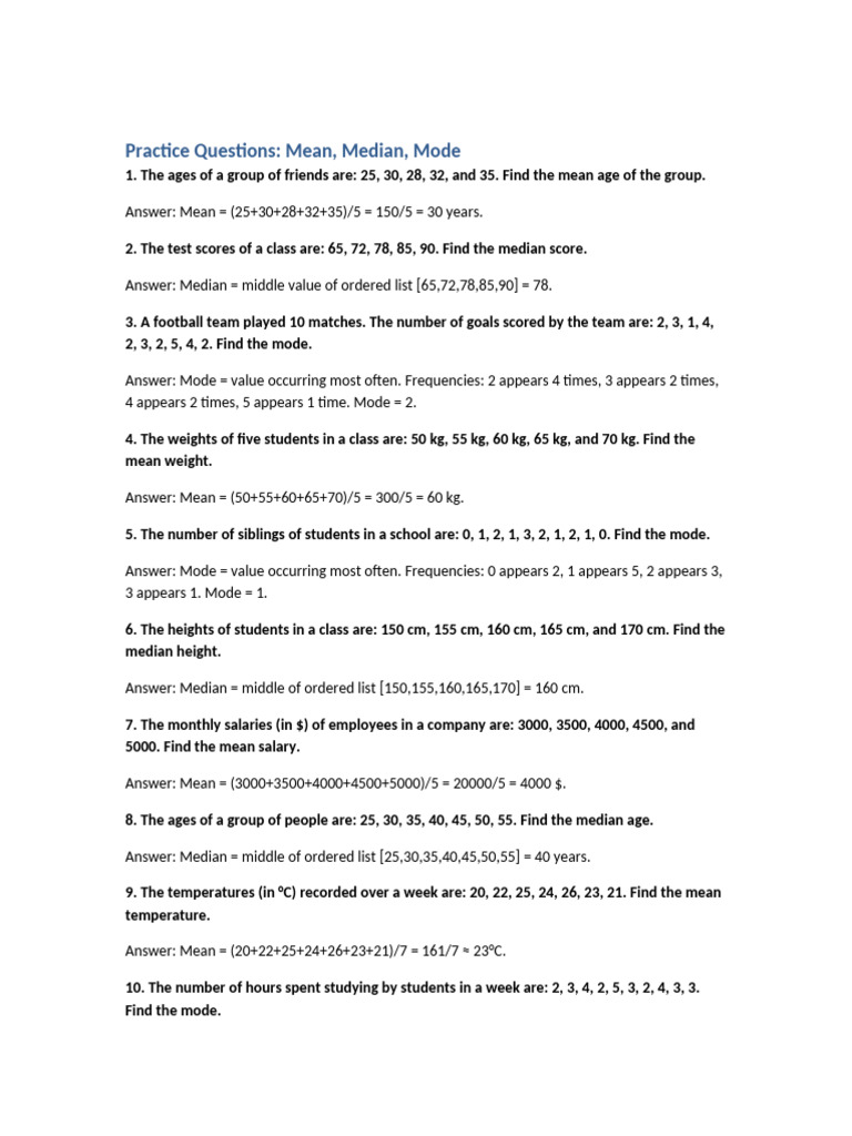 Mean Median Mode Practice | PDF