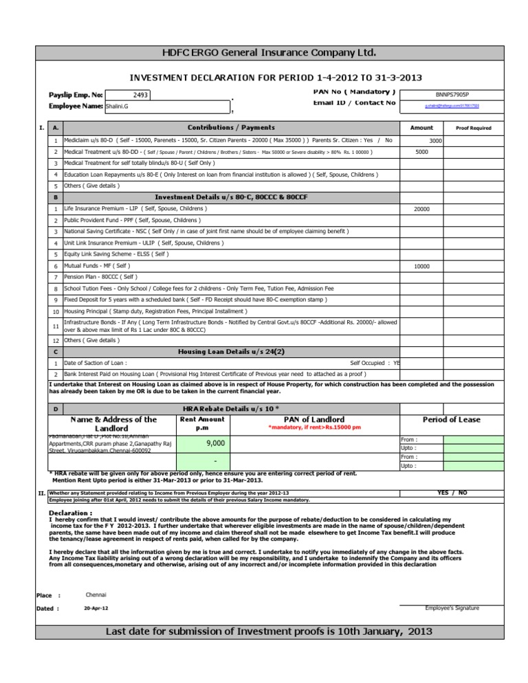 Investment Declaration Form 2012-13 | PDF | Payments | Government Finances